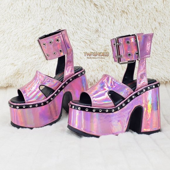 Demonia | Shoes | Camel 2 Pink Hologram Goth Festival Platform Block ...